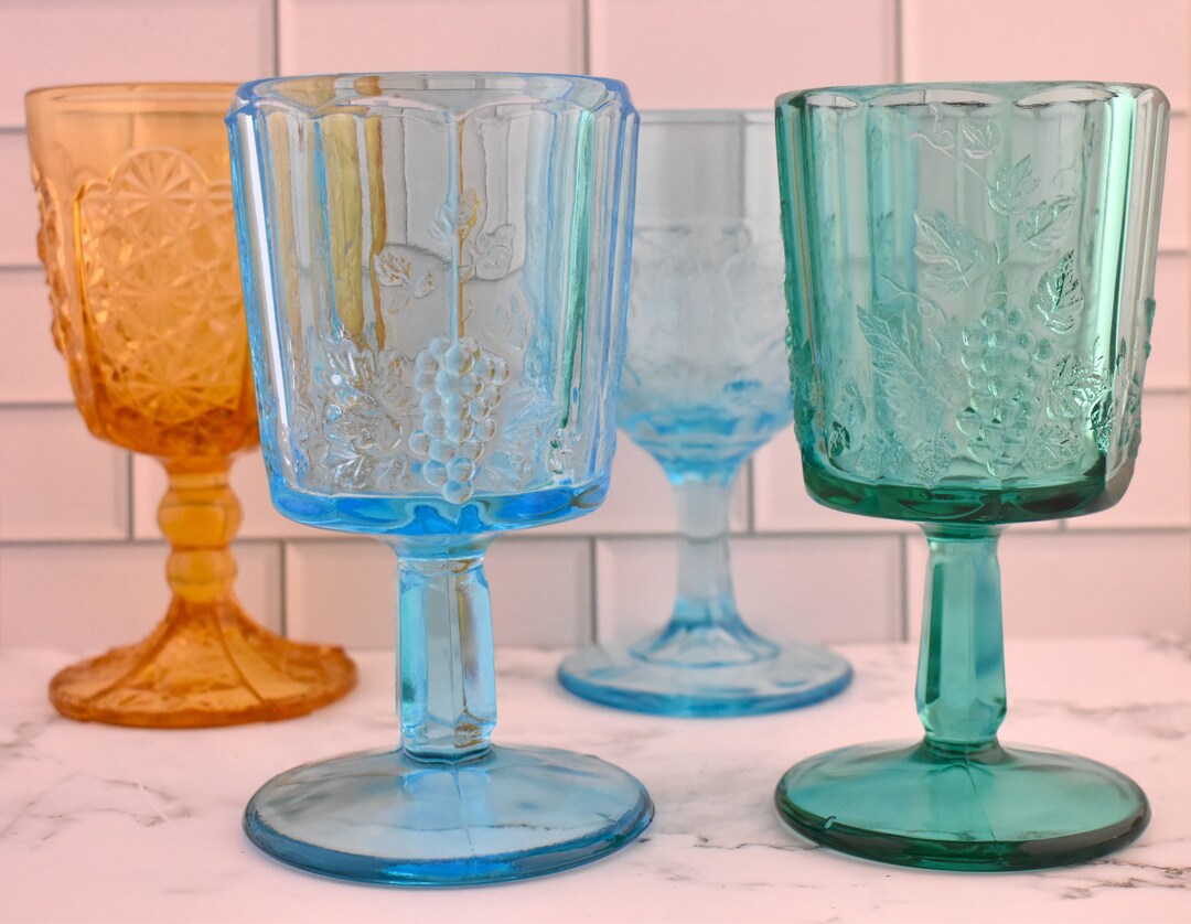 Set of 4 Colored Pressed Glass Goblets - Various Patterns - Blackberry ...