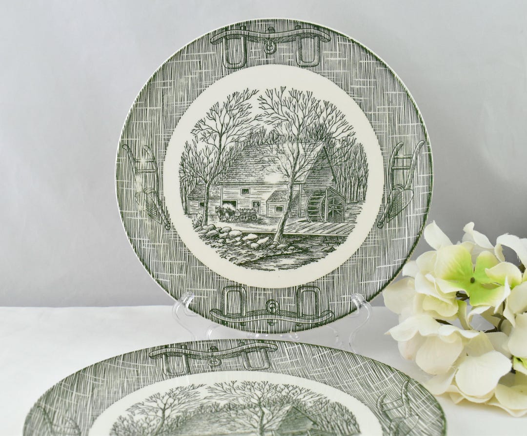 Pair of Currier and Ives Green Dinner Plates by Scio - Etsy