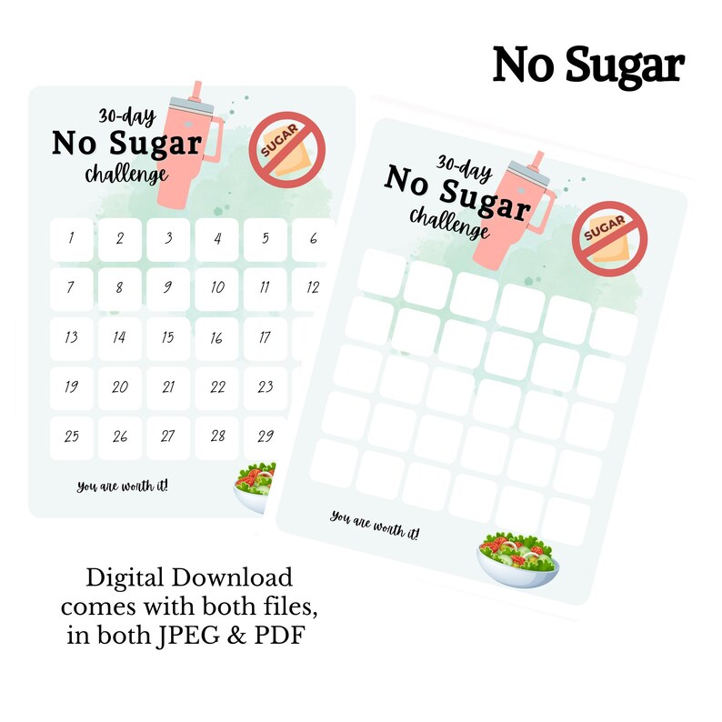 30 Day Challenge No Sugar Printable | Digital Fitness Calendar | FIT001 ...
