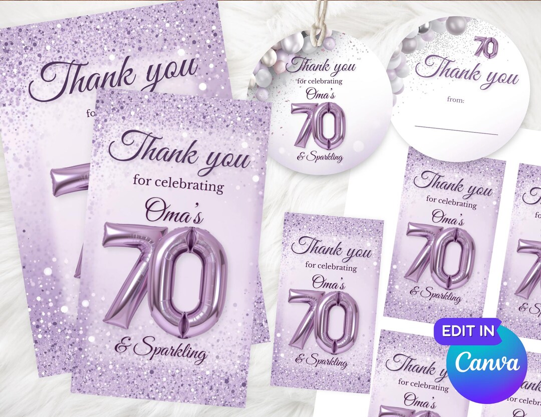 Editable 70th Birthday Thank You Tags & Stickers | Canva Template ...