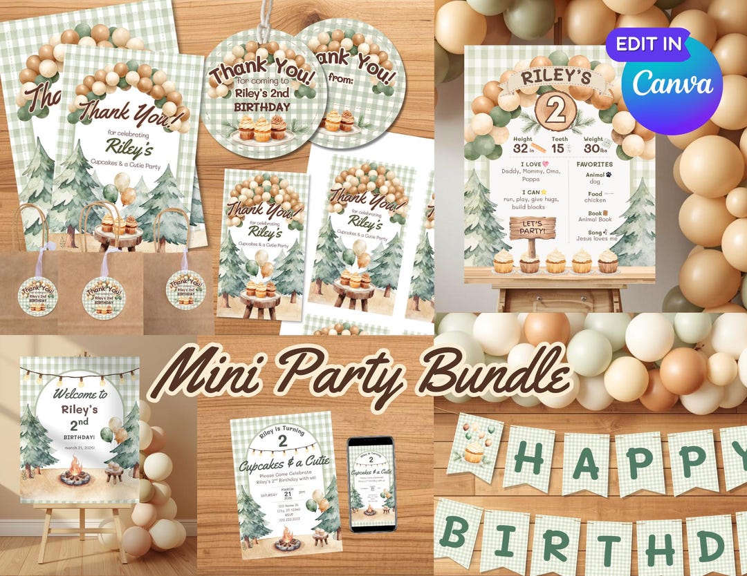 Woodland Birthday Party Canva Template Bundle, Sage Green (digital ...