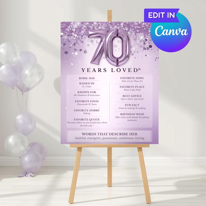70th Birthday Milestone Board Template | Lavender Purple, 70 Years ...