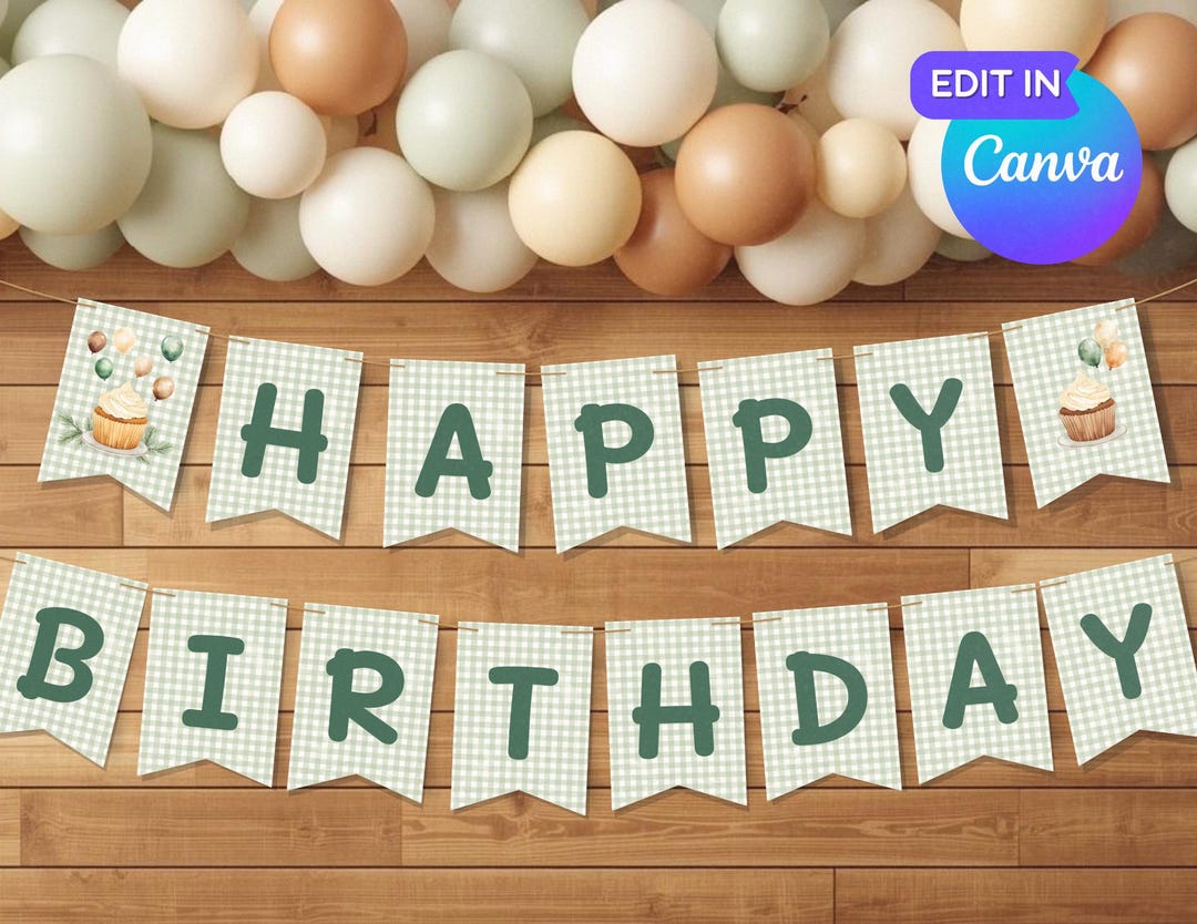 Editable Birthday Banner Template, Sage Gingham Cupcake Party Decor ...