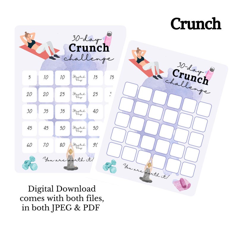 30 Day Crunch Sit-up Challenge Printable | Digital Fitness Calendar ...