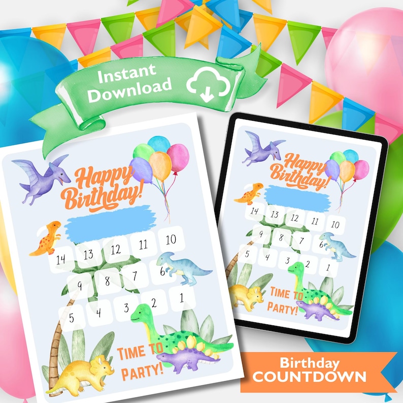 Birthday Dinosaur Countdown Printable: Kids Party Decor PDF Instant ...