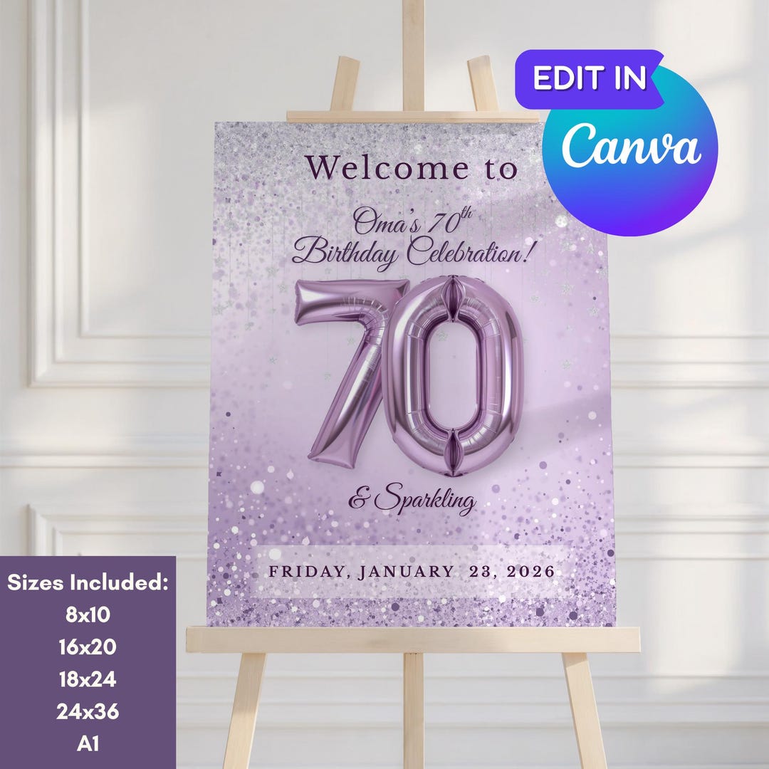 70th Birthday Welcome Sign | Lavender Purple, Sparkling Theme (canva ...