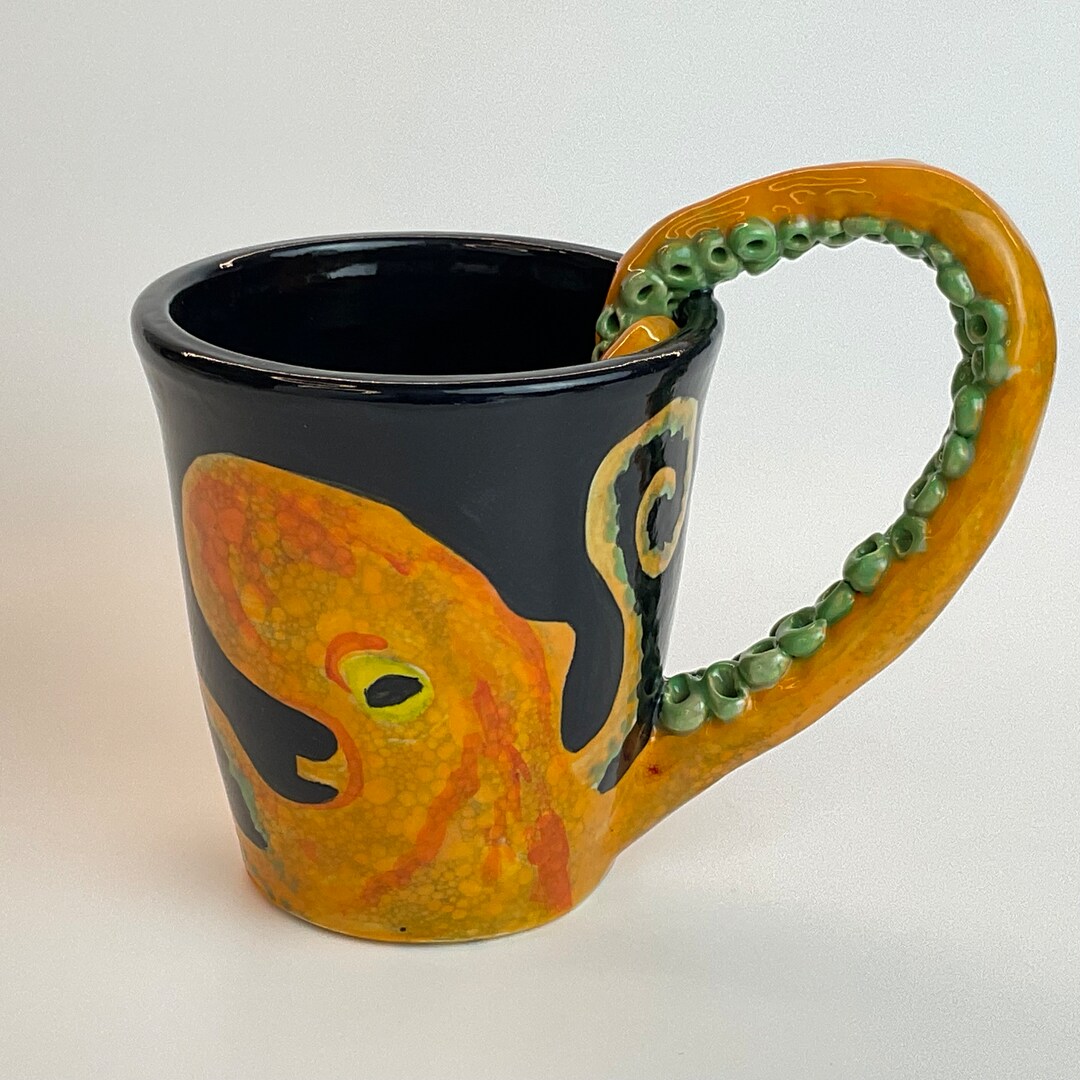 Octopus Mug With Bubble Texture Orange With Teal Suckers Right - Etsy