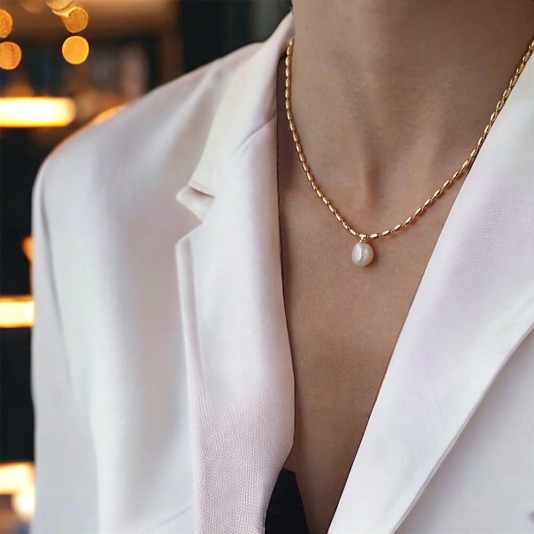 Choker-pearl ~ Choker Gold ~ Single Pearl ~ 18K Gold Beads Chian~ Real ...