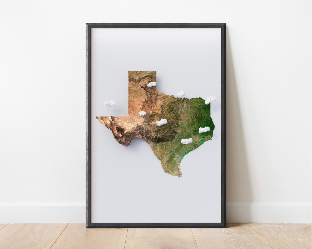 Texas Satellite Topography Relief Map Wall Art | Stylized Cartography ...