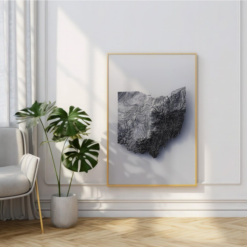 Ohio Minimalist Relief Map Stylized Art Cartography Elevation Terrain ...
