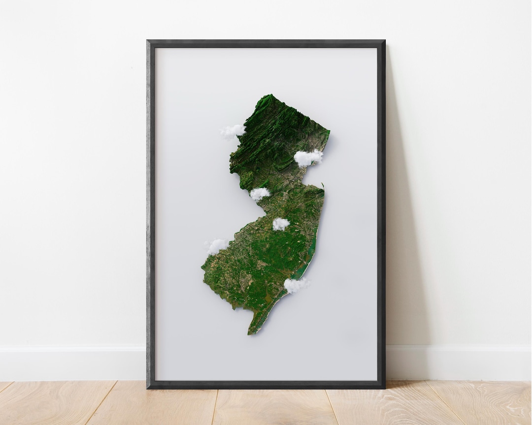 New Jersey Satellite Topography Relief Map Wall Art | Stylized ...