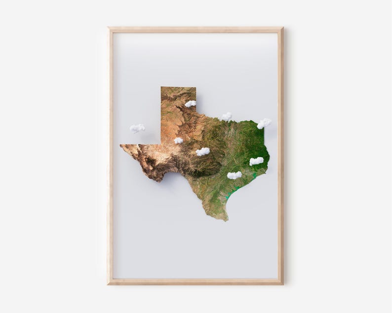 Texas Satellite Topography Relief Map Wall Art | Stylized Cartography ...