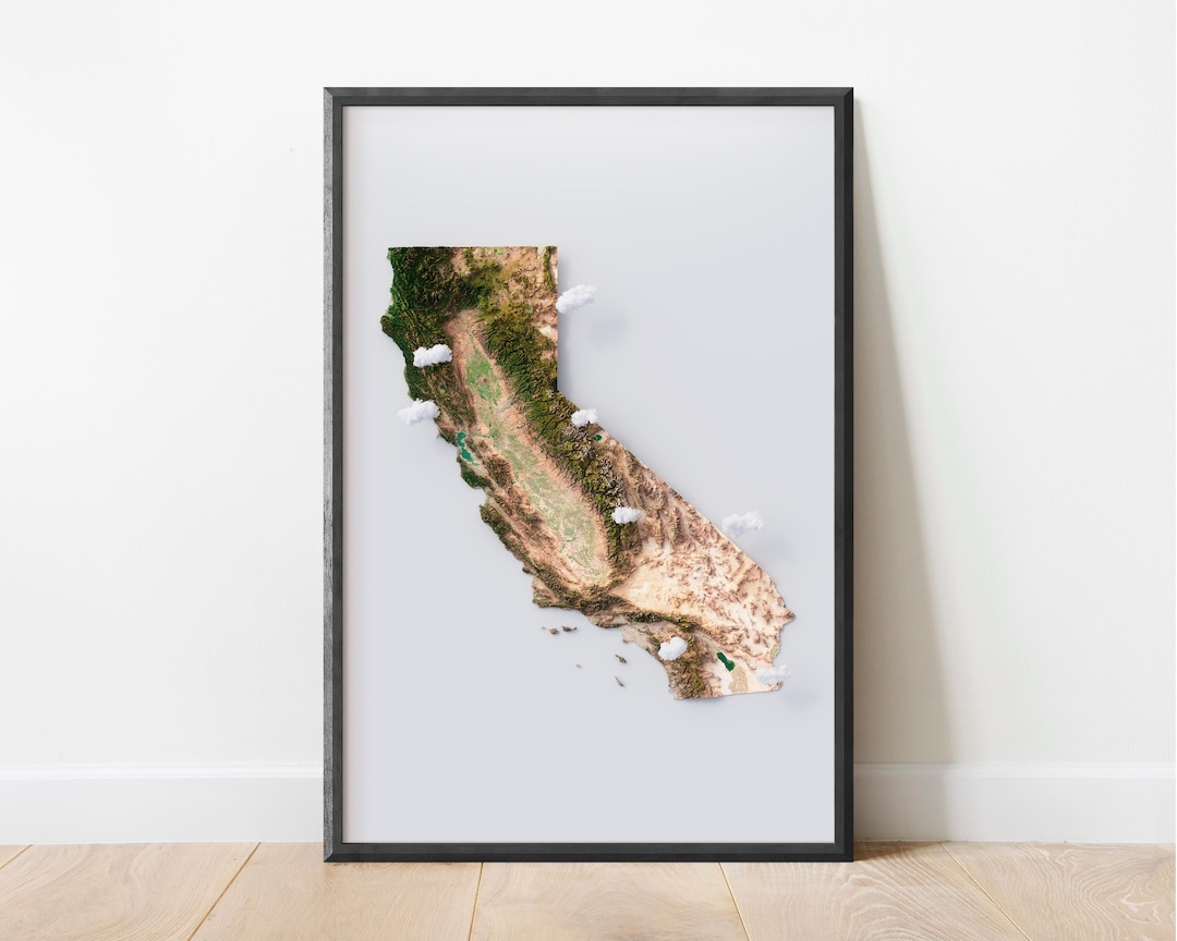 California Stylized Satellite Relief Map | Art Cartography | Elevation ...