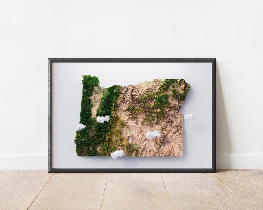 Oregon Satellite Relief Wall Art Print | Stylized Map Art Cartography ...