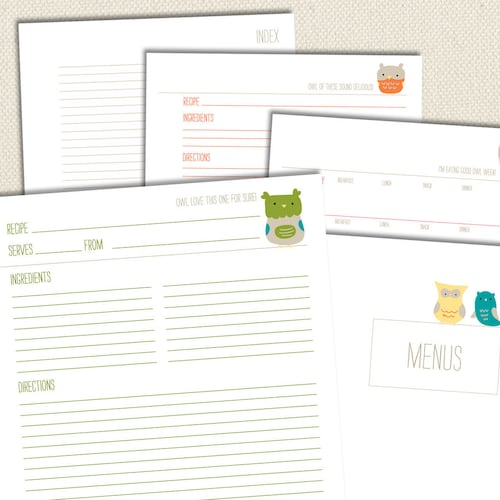 Little Owls Printable and Editable 4x6 Recipe Cards - Etsy