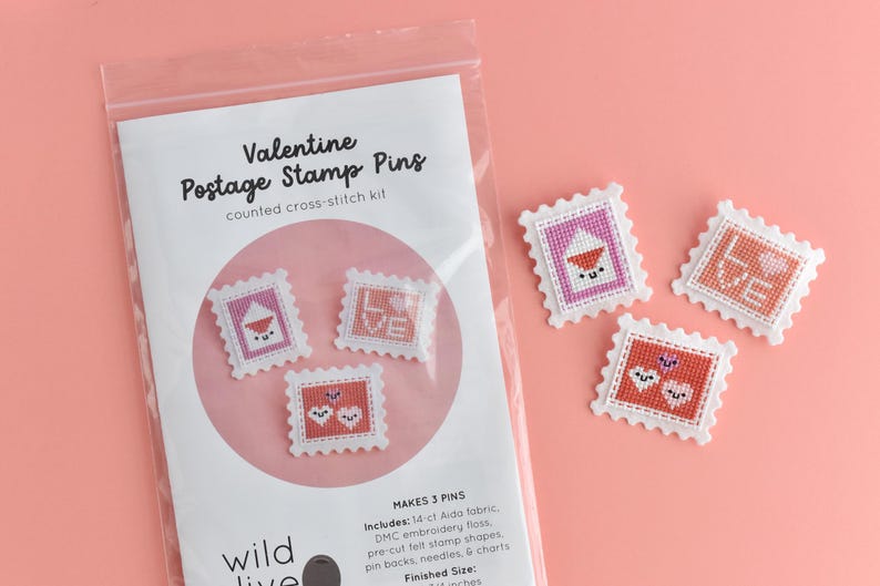 Valentine Postage Stamp Pin Counted Cross Stitch Kit - Kawaii Hearts X ...