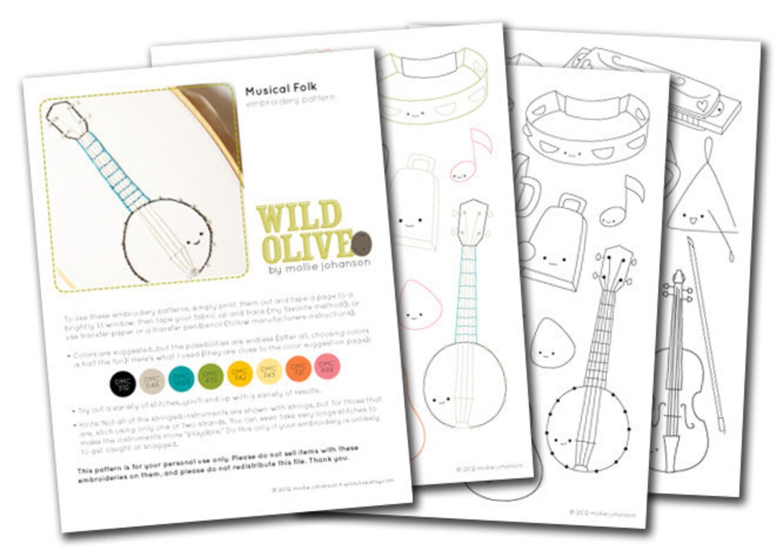Musical Folk - Cute Instrument Hand Embroidery Pattern PDF - Etsy