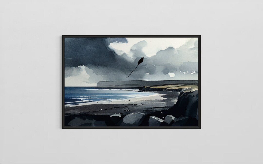 Stormy Beach Print With Flying Kite in the Sky, Landscape Watercolour ...