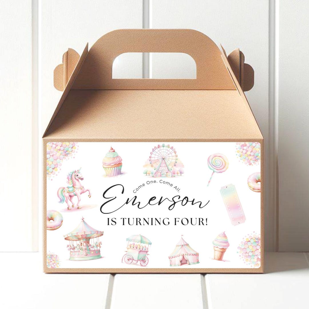 Pastel Carnival Gable Box Label, INSTANT DOWNLOAD, Pastel Pink, Gable ...