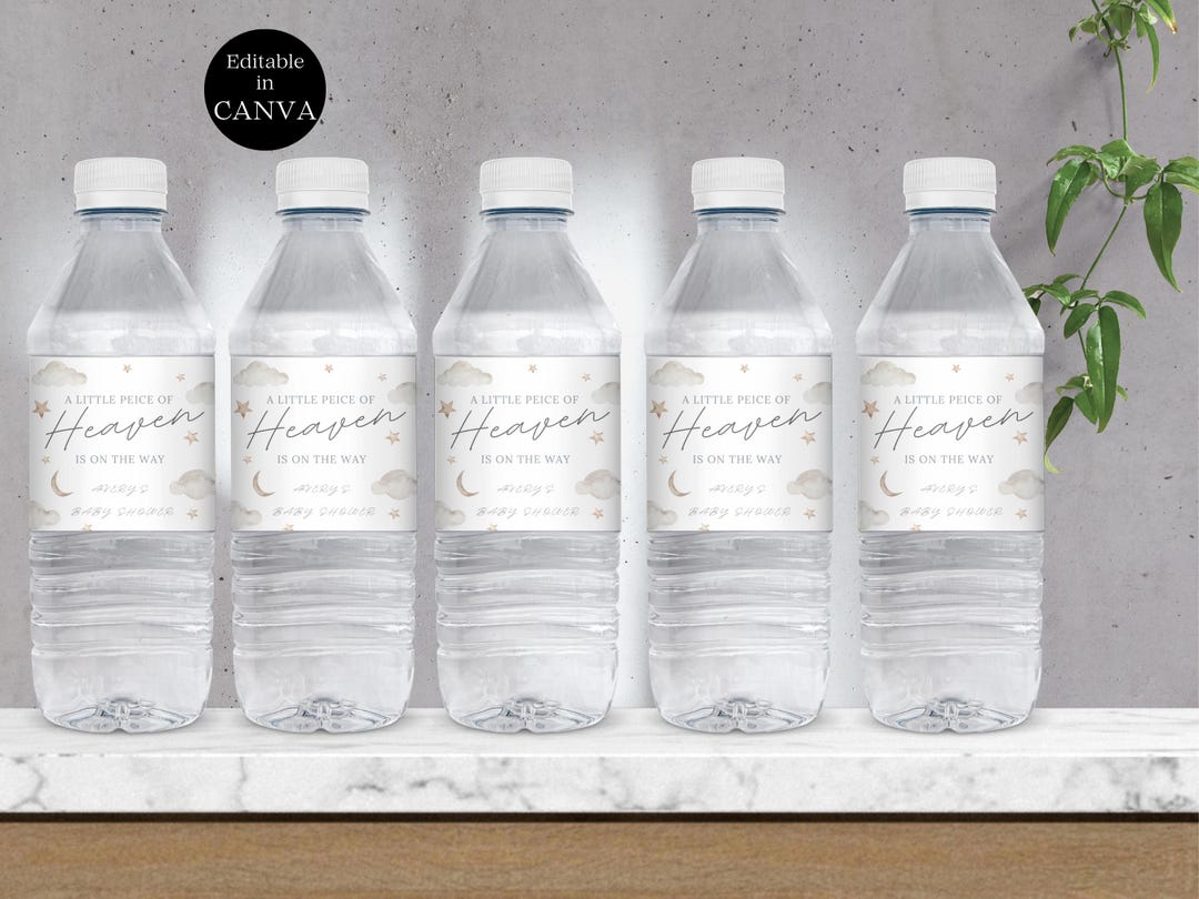 Heaven Sent Baby Shower Drink Bottle Labels, Moon Stars Clouds (canva ...