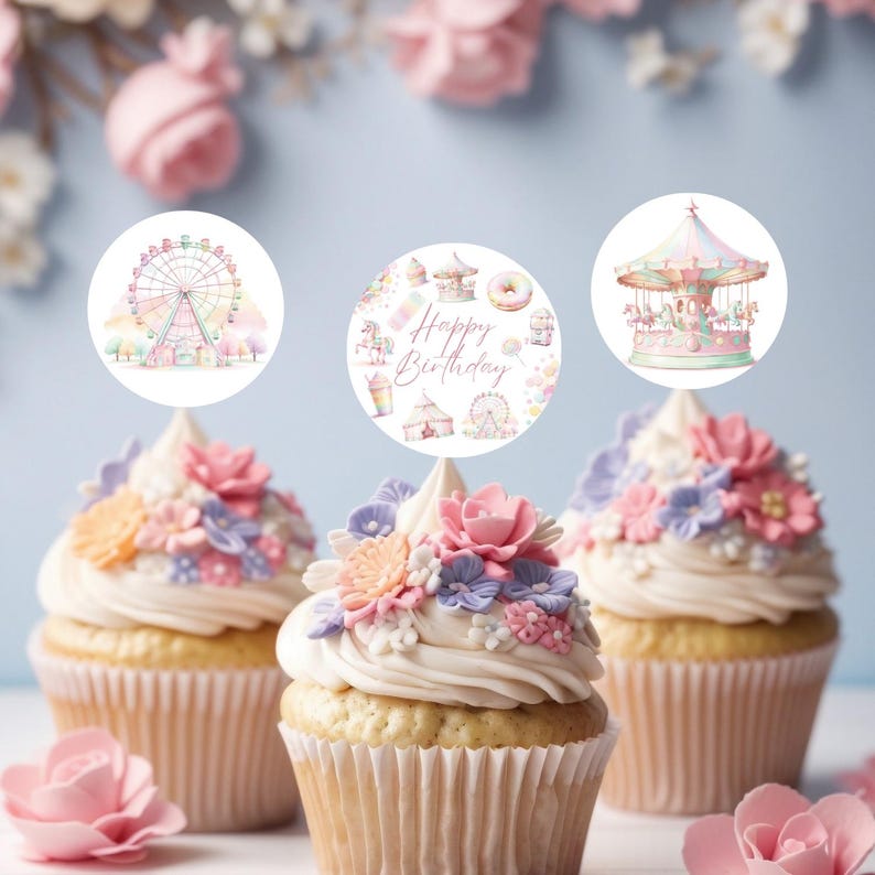 Pastel Carnival Cupcake Toppers, INSTANT DOWNLOAD, Pastel Pink, Girly ...