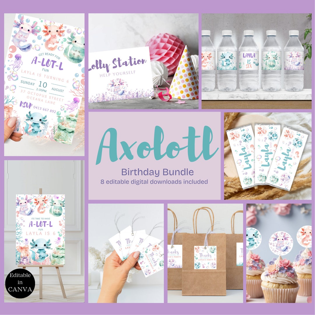 Axolotl Birthday Bundle, DIGITAL DOWNLOAD, Fully Editable Printable ...