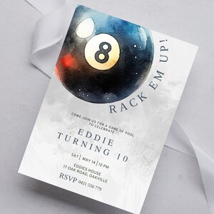Billiard Snooker Pool Themed Birthday Invite, INSTANT DOWNLOAD, Rack Em ...