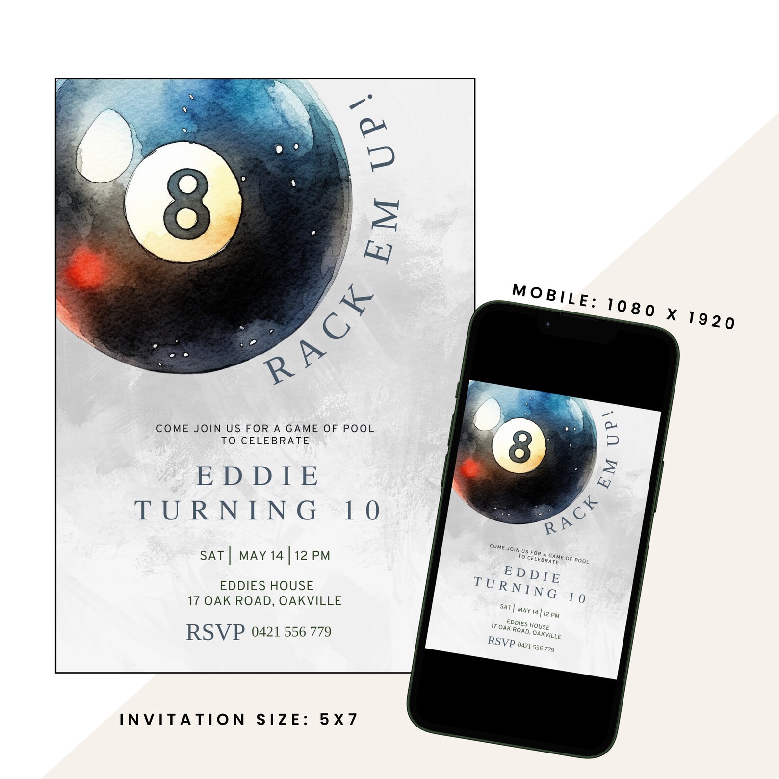 Billiard Snooker Pool Themed Birthday Invite, INSTANT DOWNLOAD, Rack Em ...