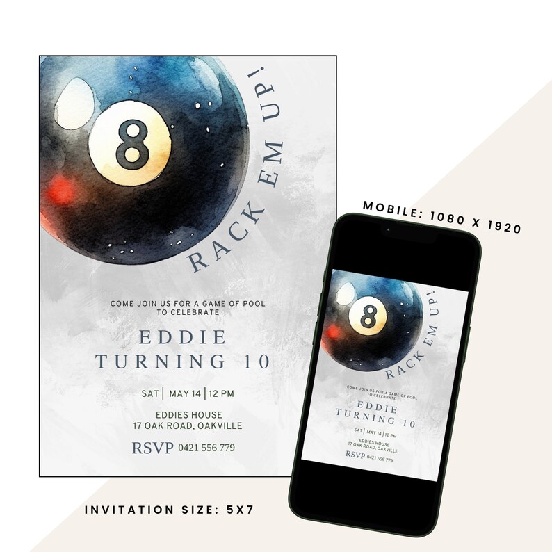 Billiard Snooker Pool Themed Birthday Invite, INSTANT DOWNLOAD, Rack Em ...