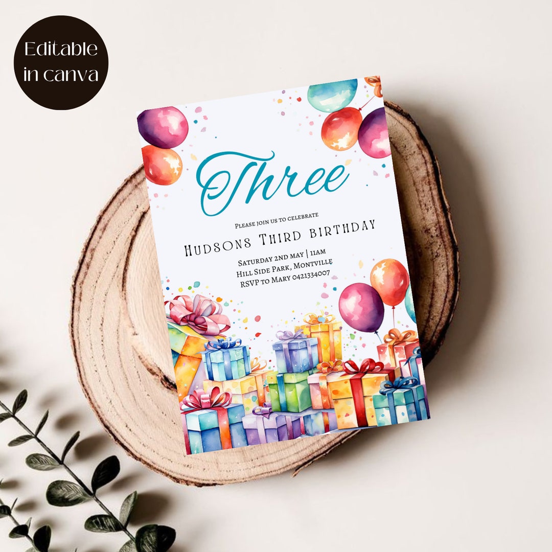 Present Invite for Third Birthday, Three, INSTANT DOWNLOAD, Digital ...