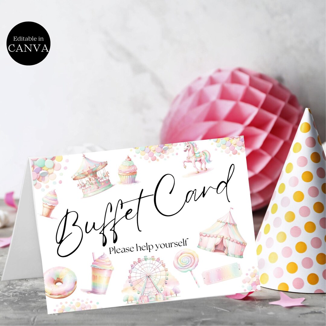 Pastel Carnival Buffet Food Cards, Editable Canva Template (digital ...