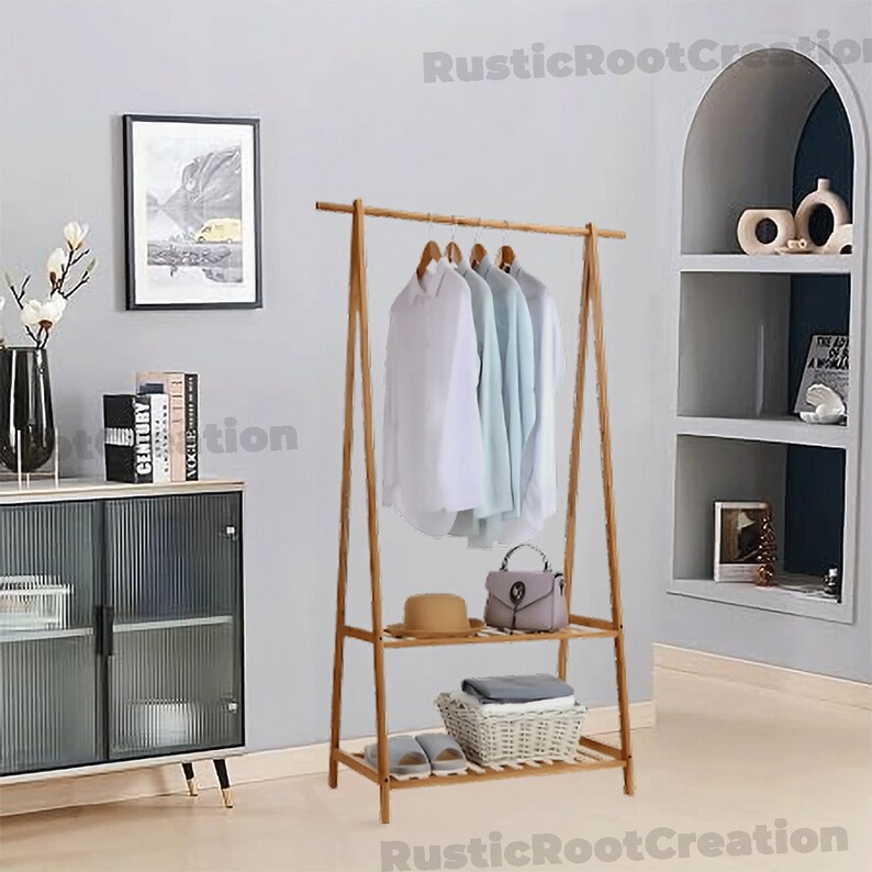 2 Tier Bamboo Clothes Rack Garment Rack Standing Coat Rack Closet Rack ...