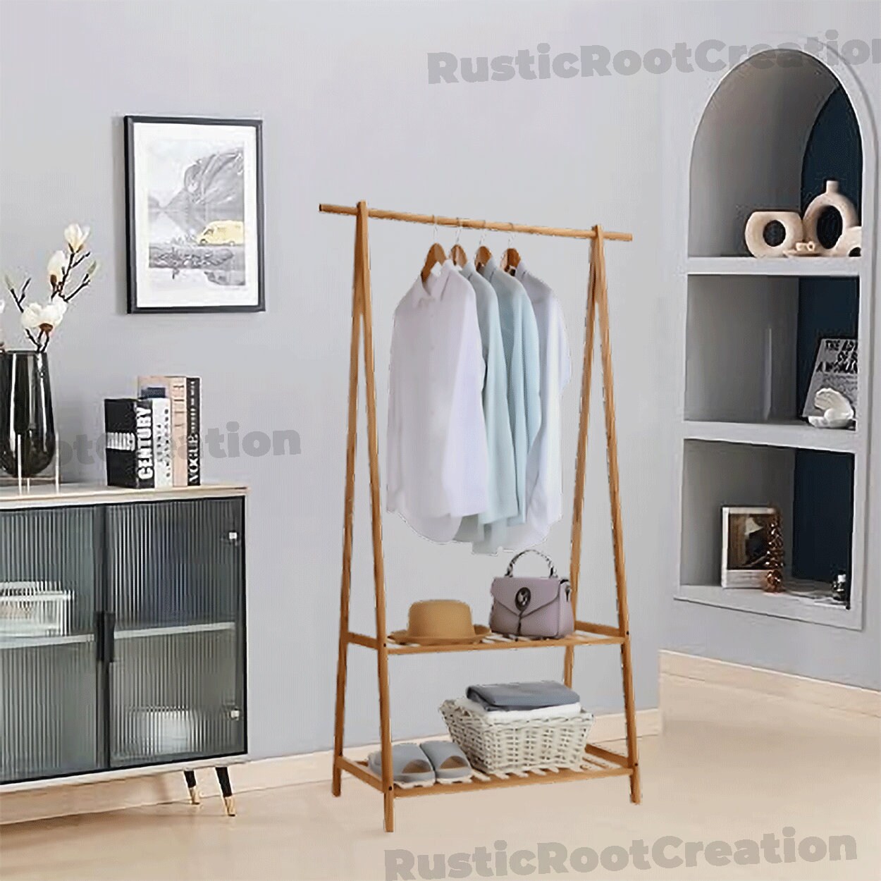 2 Tier Bamboo Clothes Rack Garment Rack Standing Coat Rack Closet Rack ...