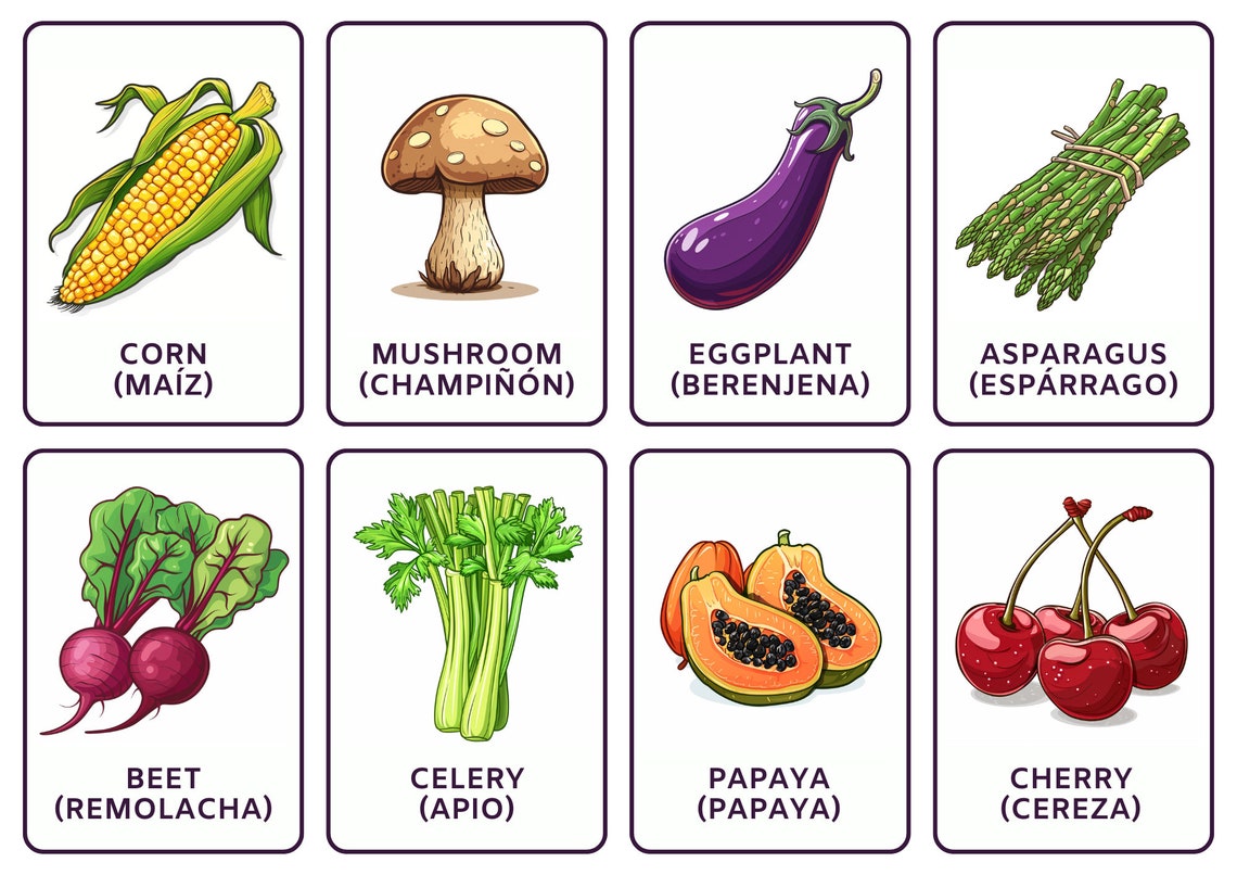 Spanish & English Flashcards | Vegetable and Fruits Flashcards ...