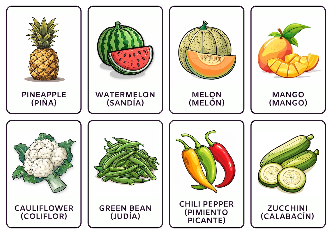 Spanish & English Flashcards | Vegetable and Fruits Flashcards ...