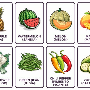 Spanish & English Flashcards | Vegetable and Fruits Flashcards ...
