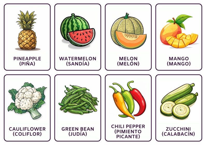 Spanish & English Flashcards | Vegetable and Fruits Flashcards ...