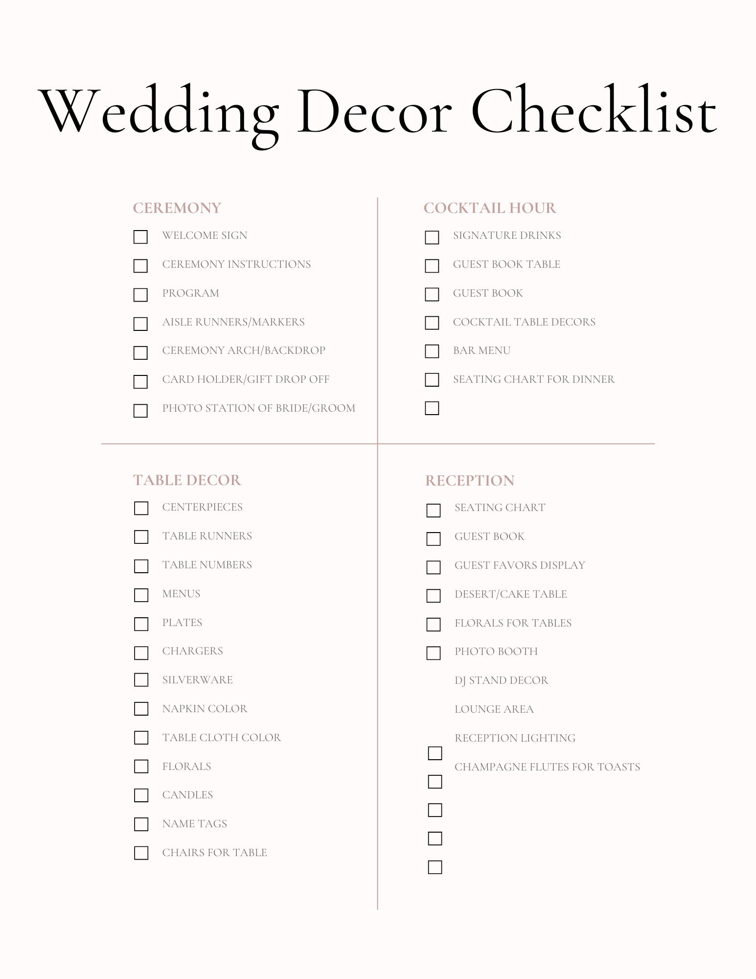 Editable Wedding Decor PDF Checklist, Includes Video on How to Edit - Etsy
