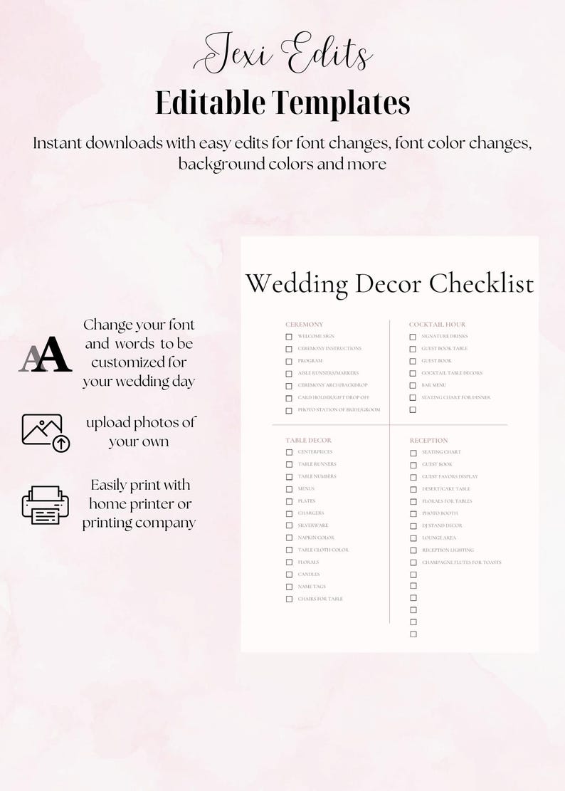 Editable Wedding Decor PDF Checklist, Includes Video on How to Edit - Etsy