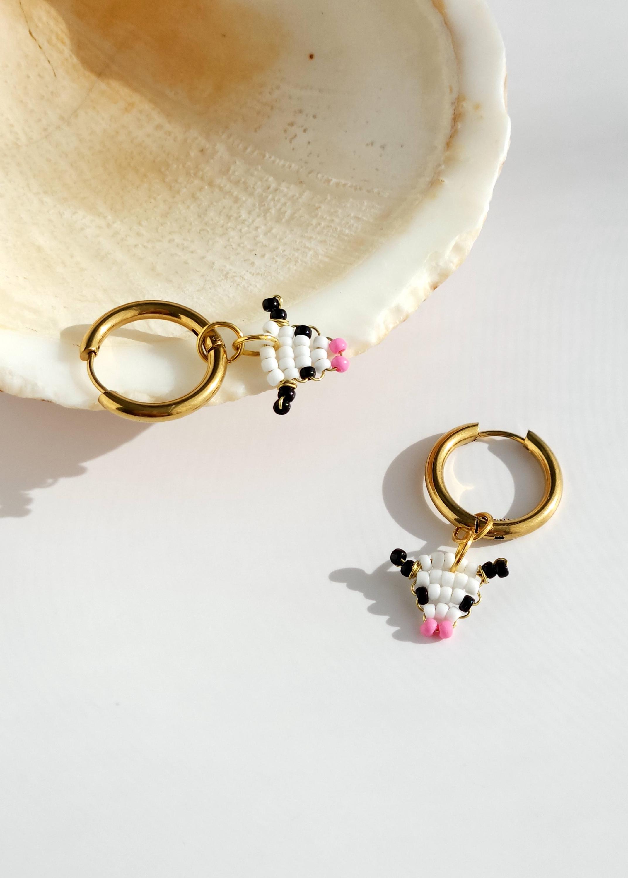 Cow Earrings, Hoop Earrings, Beaded Cow Earrings, 14k Gold Plated, Cute ...