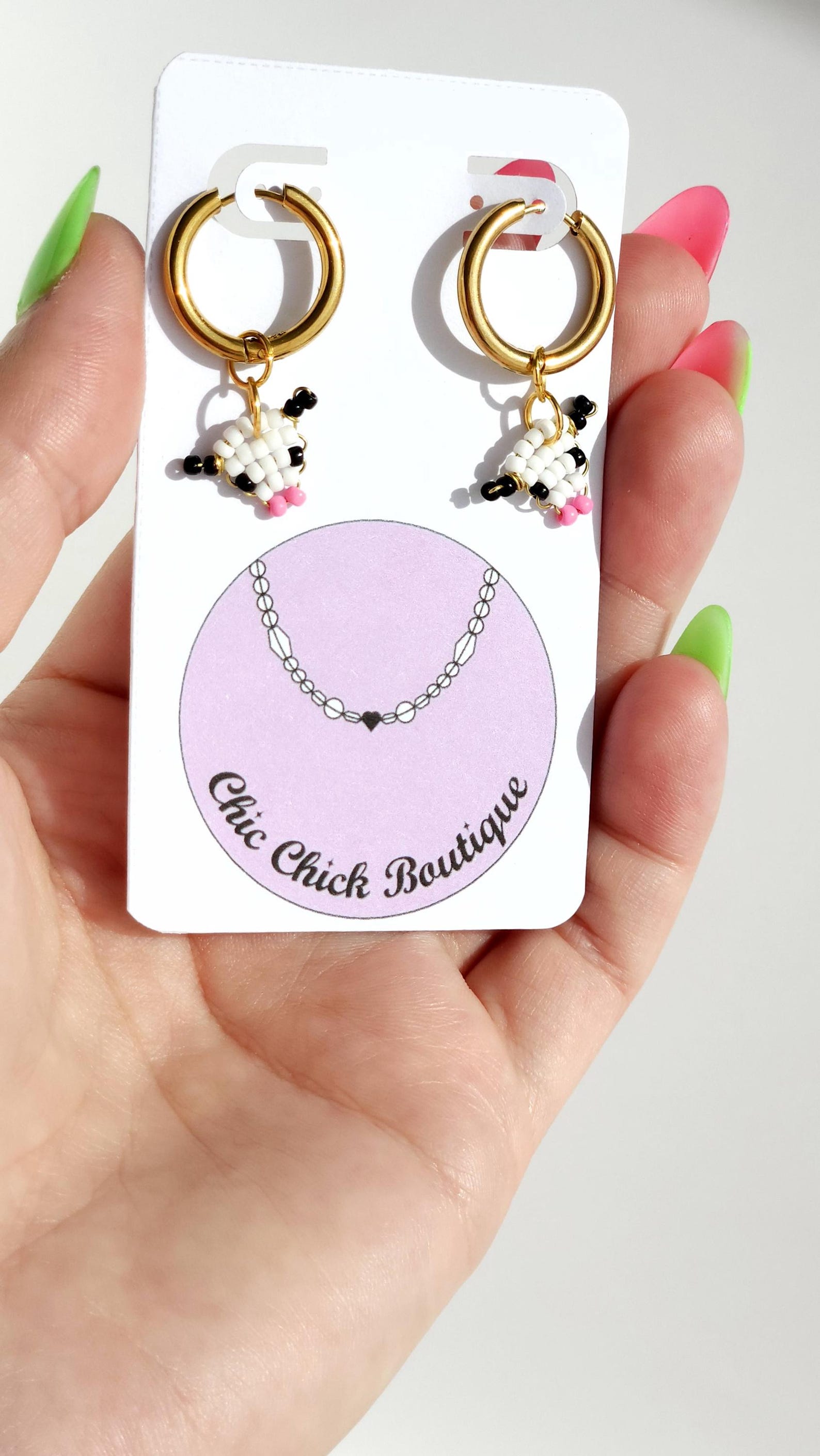 Cow Earrings, Hoop Earrings, Beaded Cow Earrings, 14k Gold Plated, Cute ...