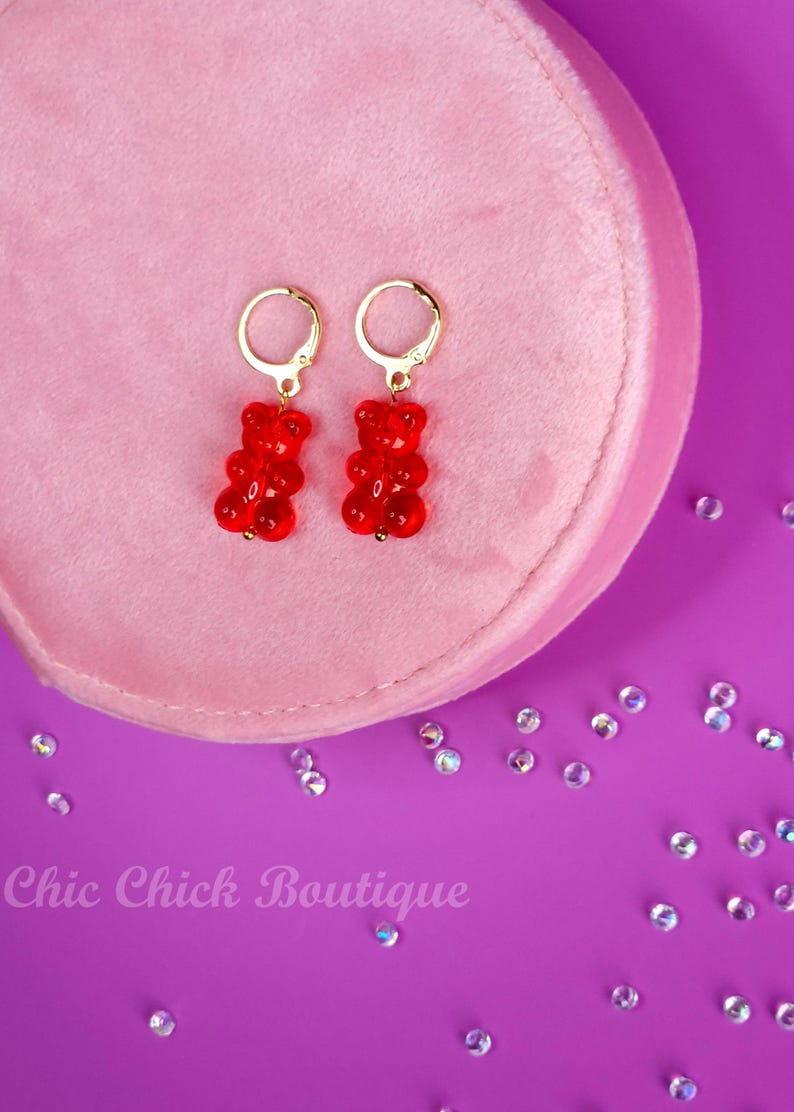 Gummy Bear Earrings, Gummy Bear Hoop, Huggie Earrings, 14k Gold Plated, yummy Gummy Red Bear ...