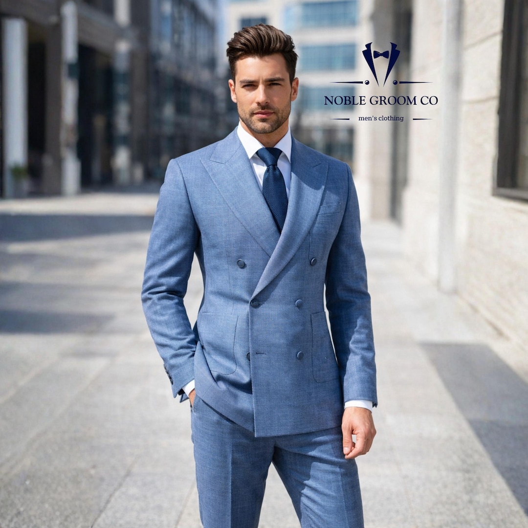 Custom Blue Double Breasted Suit Men, Slim Fit Peak Lapel Business Suit ...
