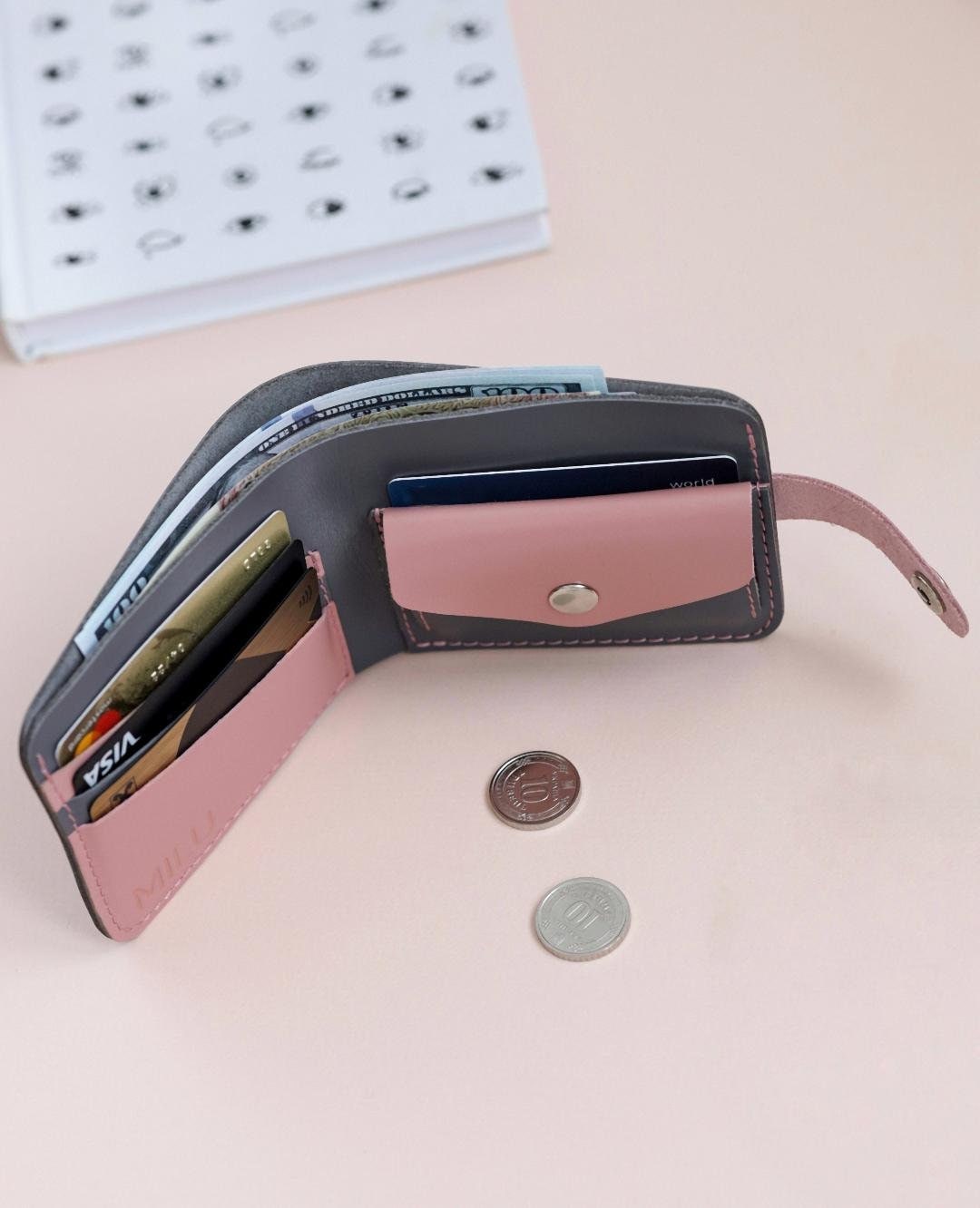 Leather Small Bifold Wallet for Women Girl Gray and Pink,engraved ...
