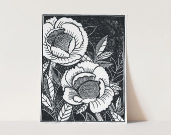 Large Linocut Print Peonies Black and White Block Print Botanical Print ...