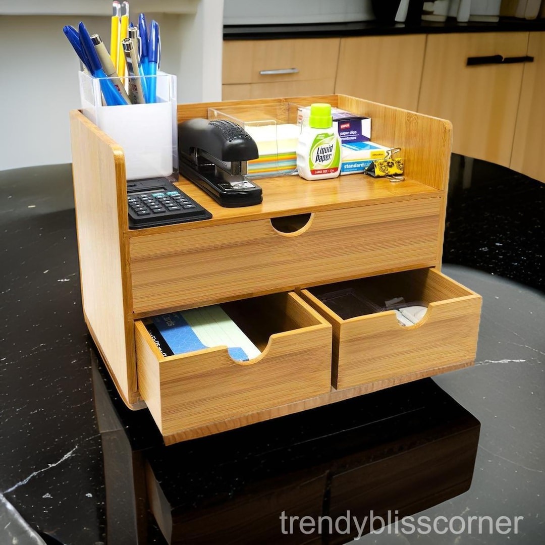 3 Tier Bamboo Wooden Desk Organizer for Desktop Decoration Desk Storage ...