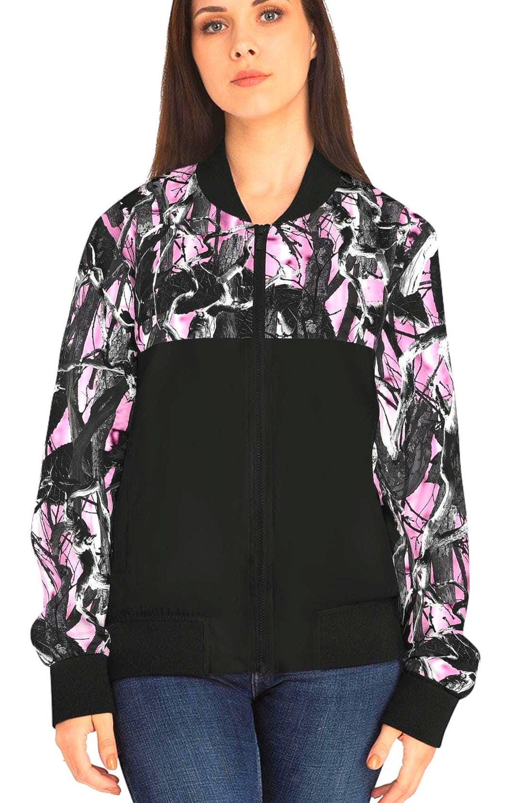 Pink Camo Bomber Jacket, Women's Hunting Style Outerwear, Ladies Black ...