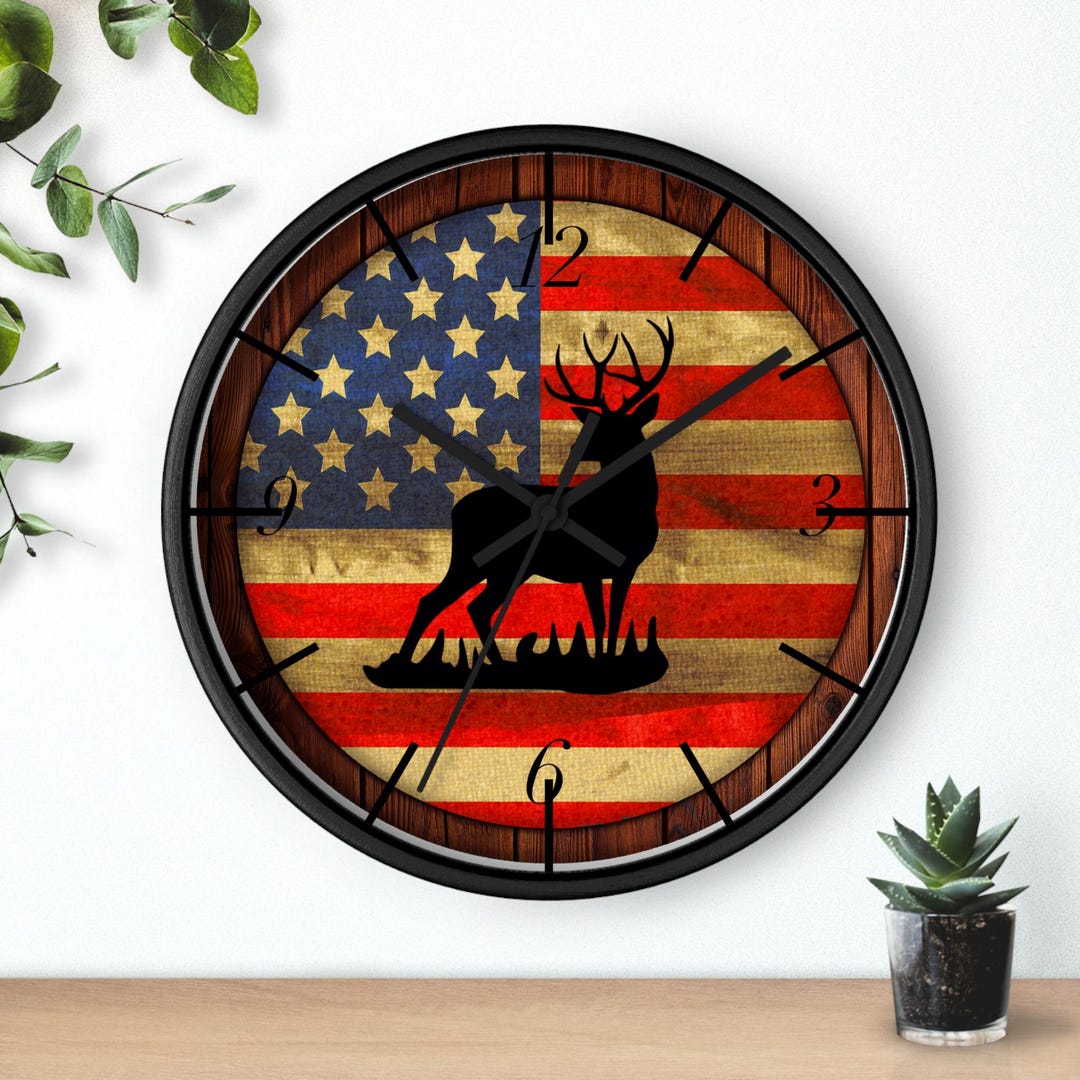 Patriotic Deer Hunting Wall Clock, American Flag Deer Hunter Decor ...