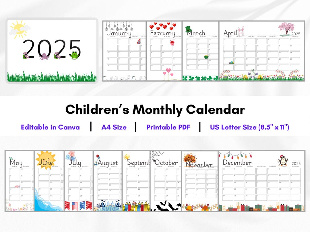 2025 Calendar Printable: Cute Kids Wall Calendar PDF, Editable Monthly ...