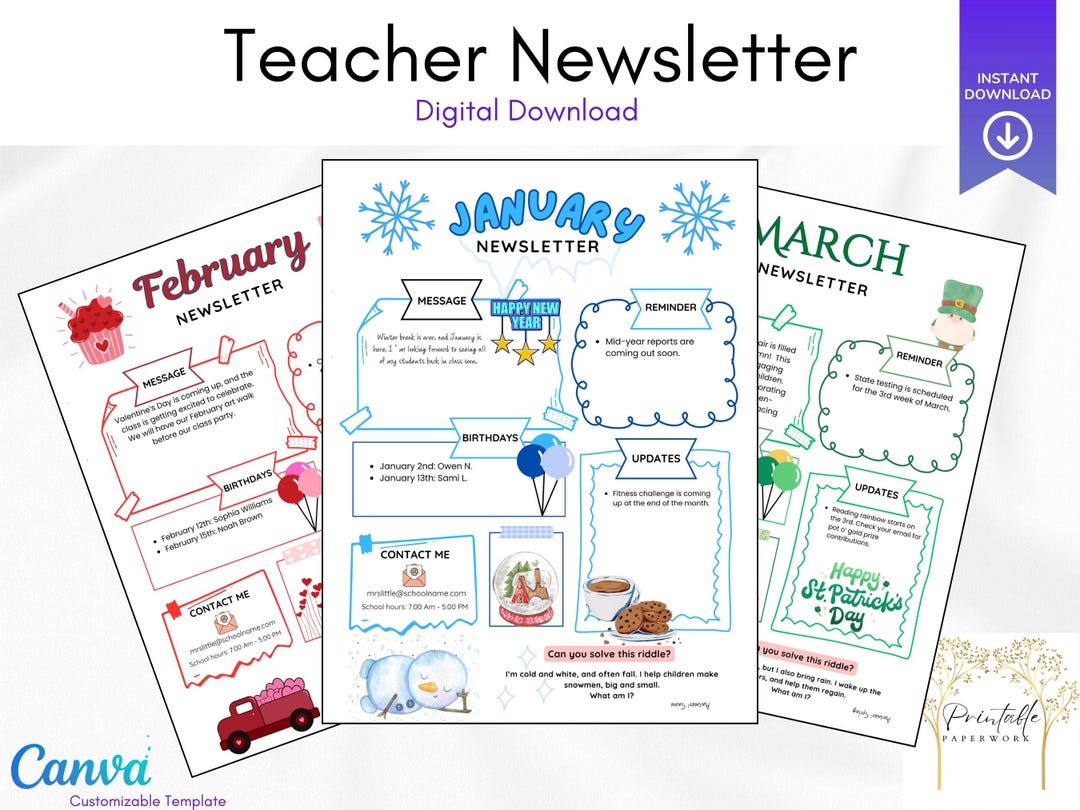 Newsletter Template, Teacher Newsletter, Editable Newsletter, Monthly ...